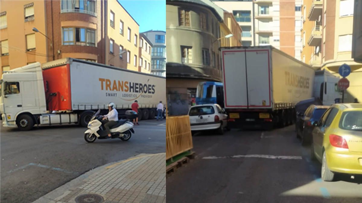 Un camión queda atascado en el centro de Ponferrada al tratar de girar